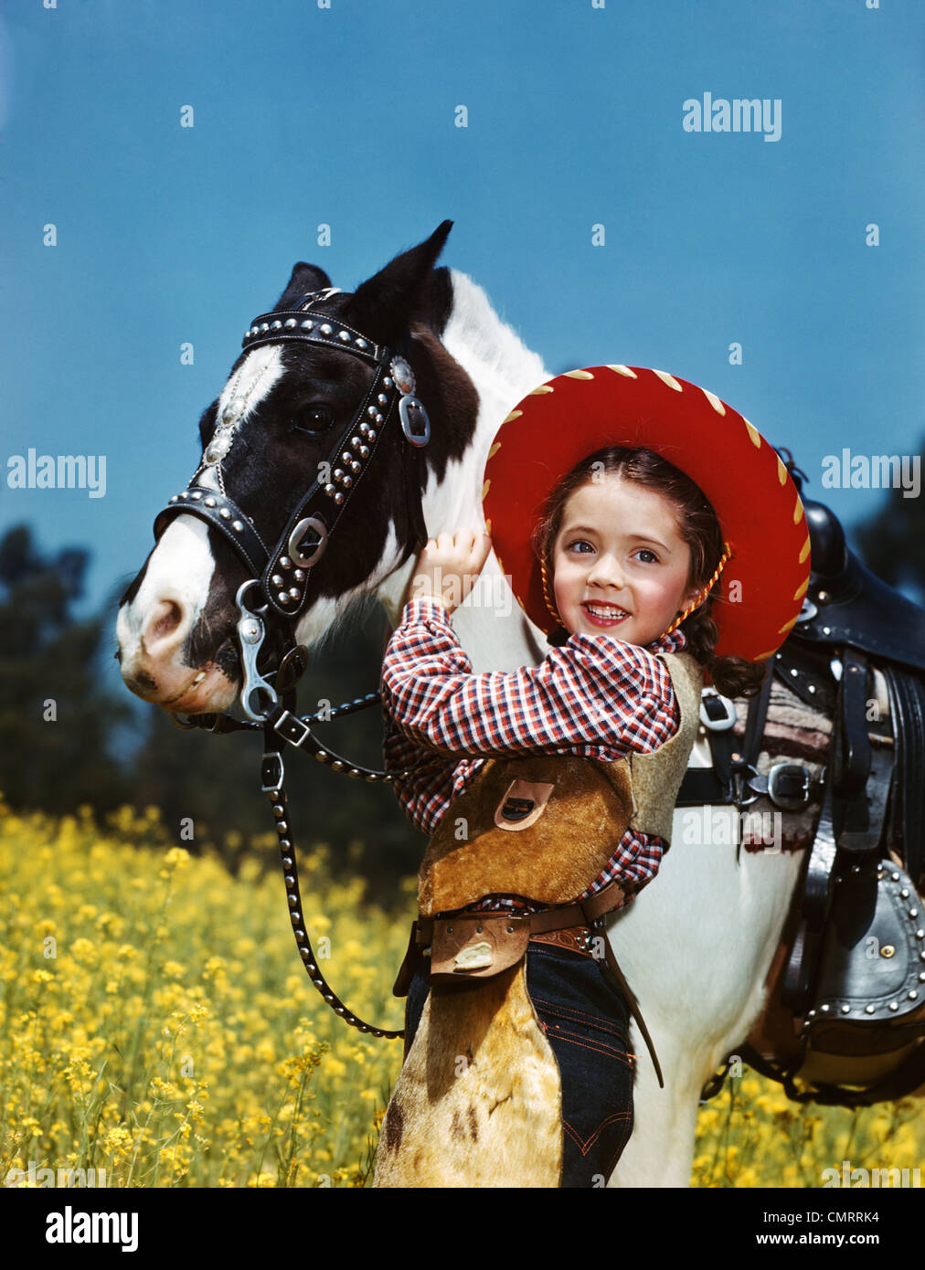 1940s 1950s SMILING GIRL WEARING COWGIRL OUTFIT COWBOY HAT PETTING ...