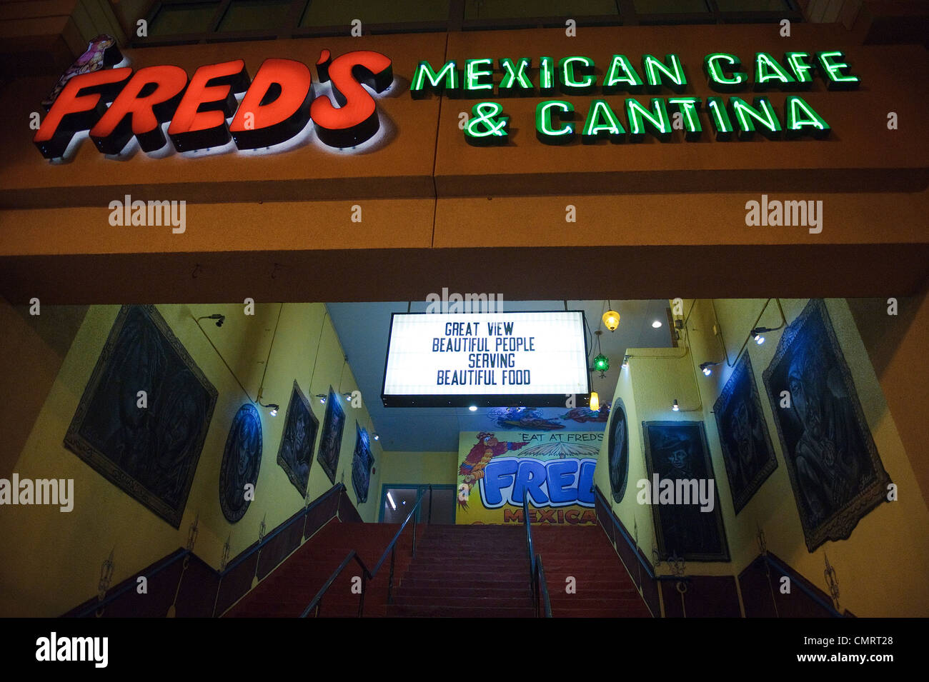 great view beautiful people serving beautiful food sign illuminated ...