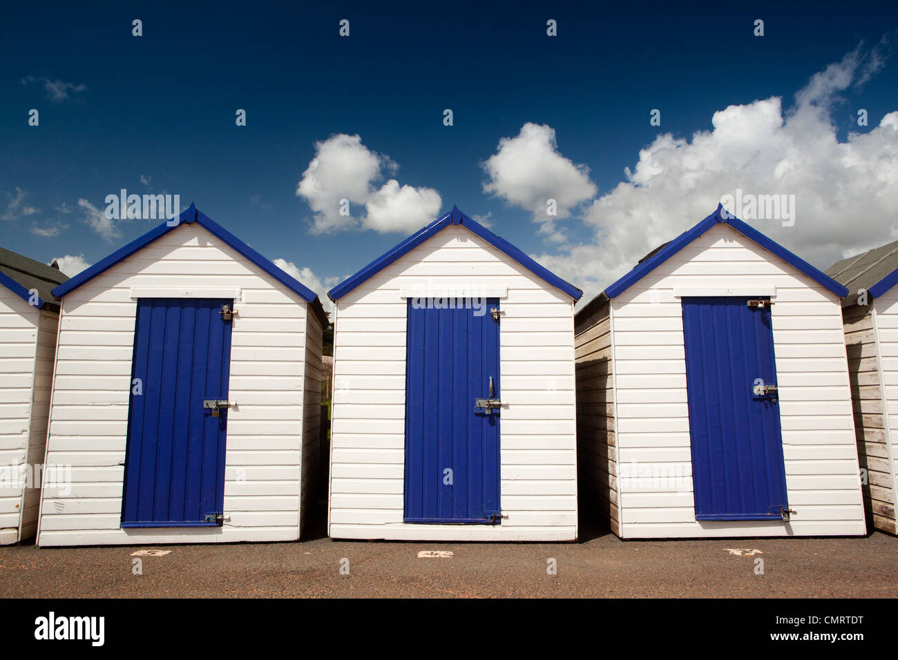 UK, England, Devon, Torquay, Goodrington Sands, blue and white painted ...