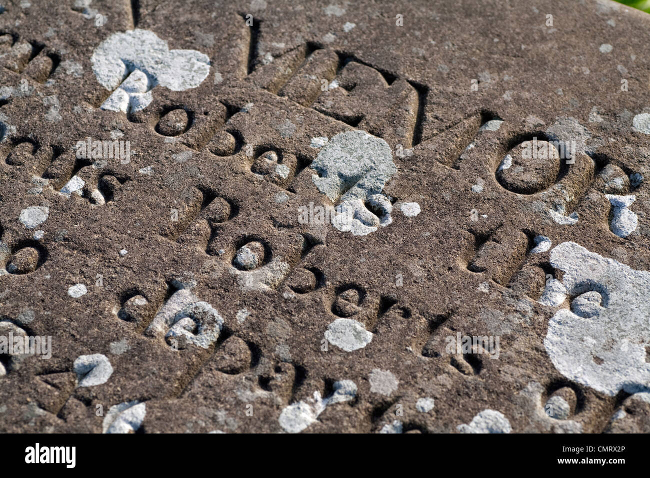 Detail of the lichen-dappled inscription on an early Victorian ...