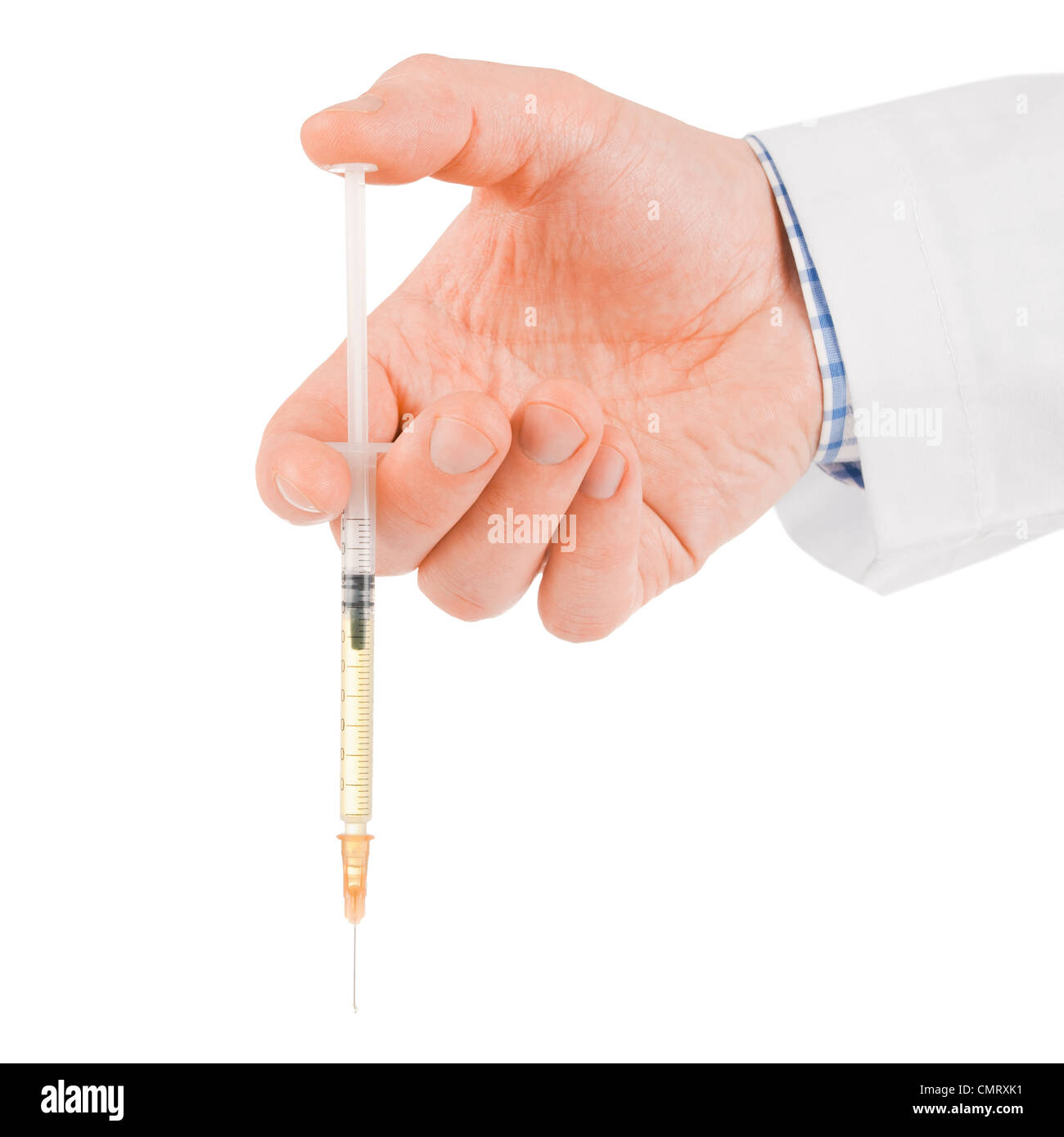Syringe in doctors hand isolated on a white background Stock Photo - Alamy