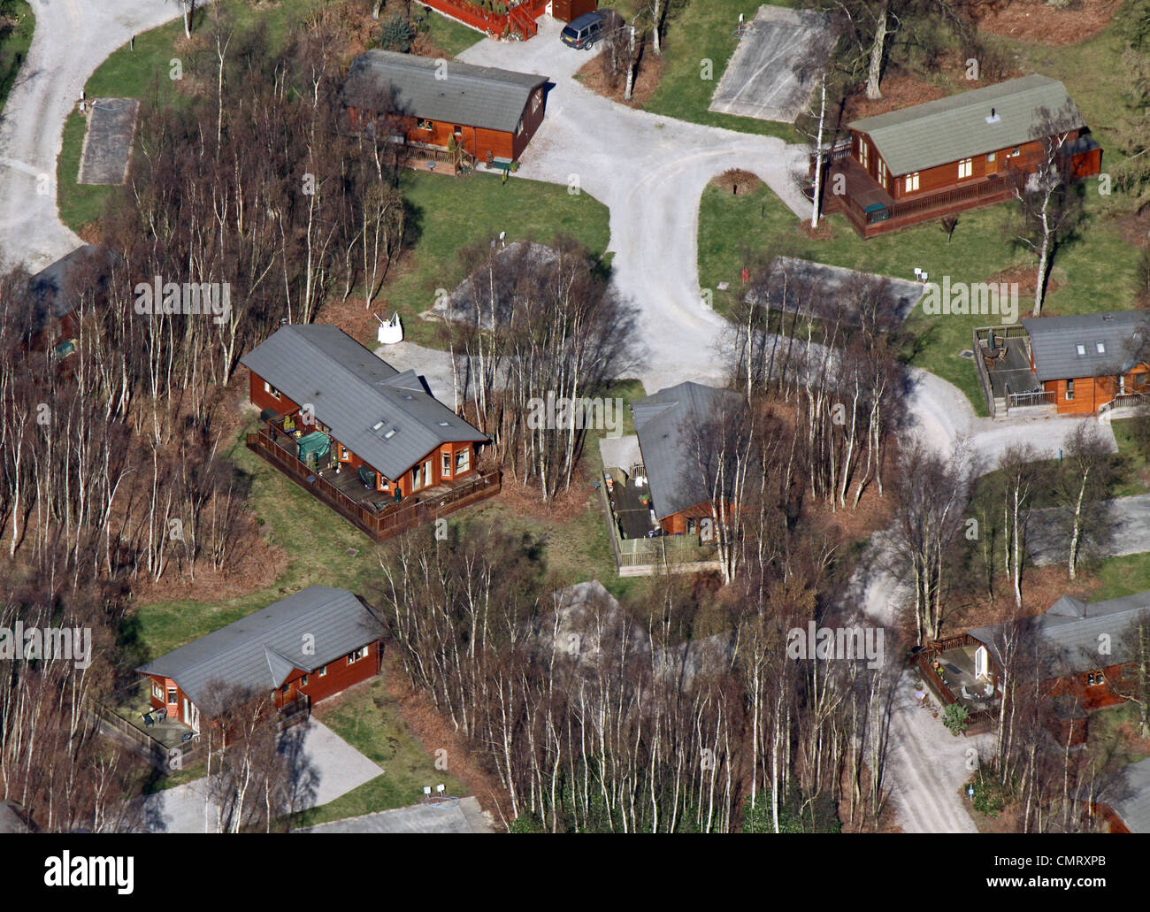 aerial view of log cabins Stock Photo - Alamy