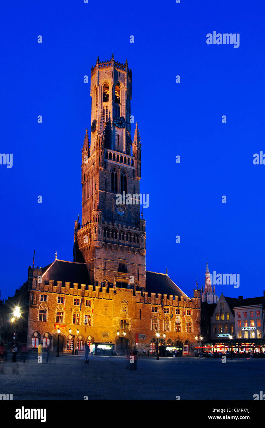 Belgium, Flanders, Bruges, Market Square, Belfort Tower at Night Stock ...