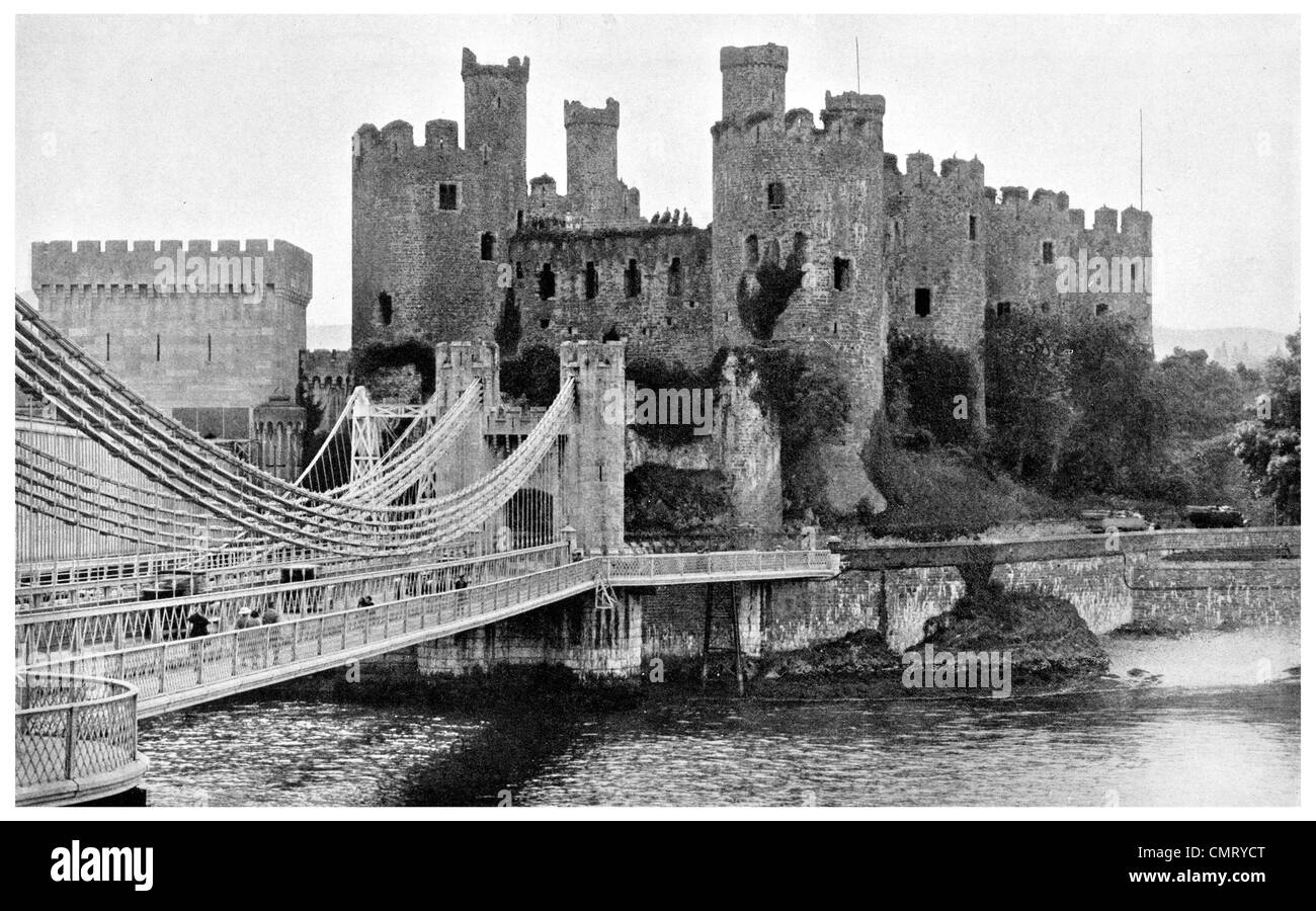 1923 Conway Castle suspension bridge over the estuary Stock Photo - Alamy