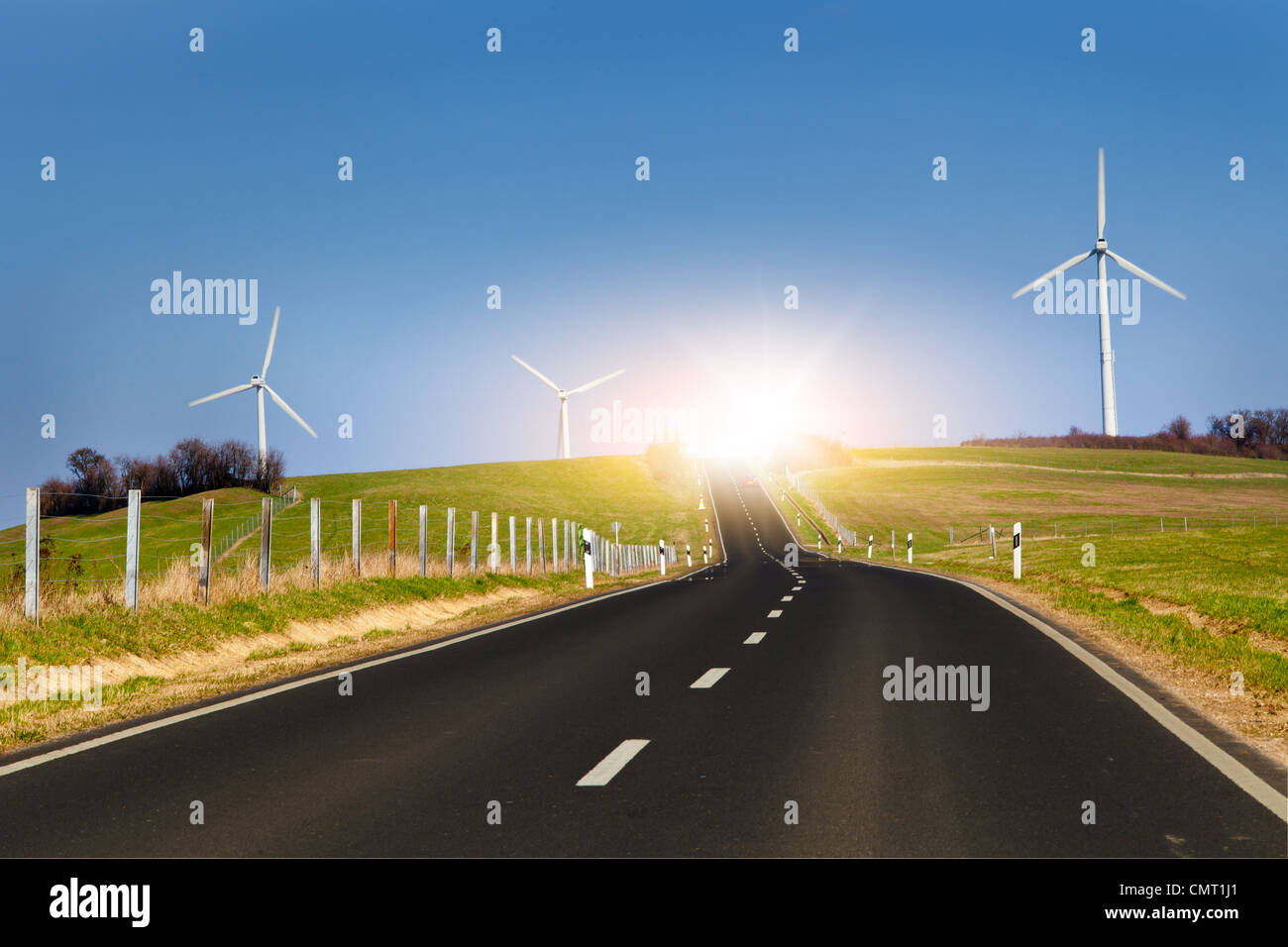 Wind turbines installations in the countryside for green energy Stock ...