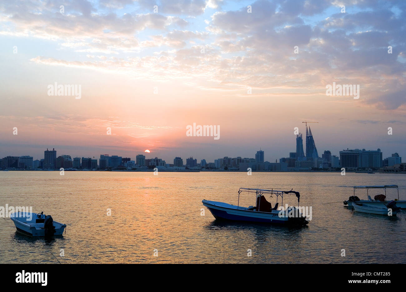 Bahrain, Manama, skyline of the city center seen from the sea at the ...