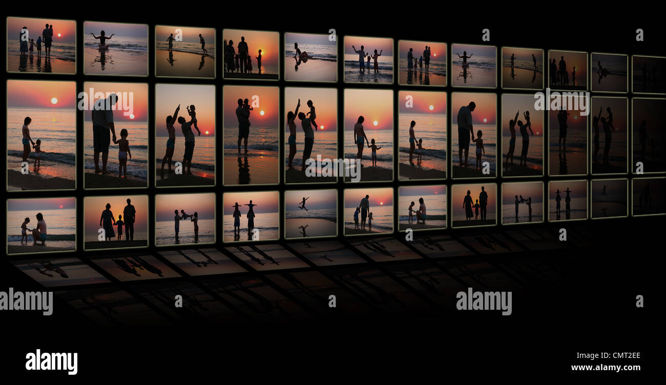 collage on black background as TV from many photos family on beach ...