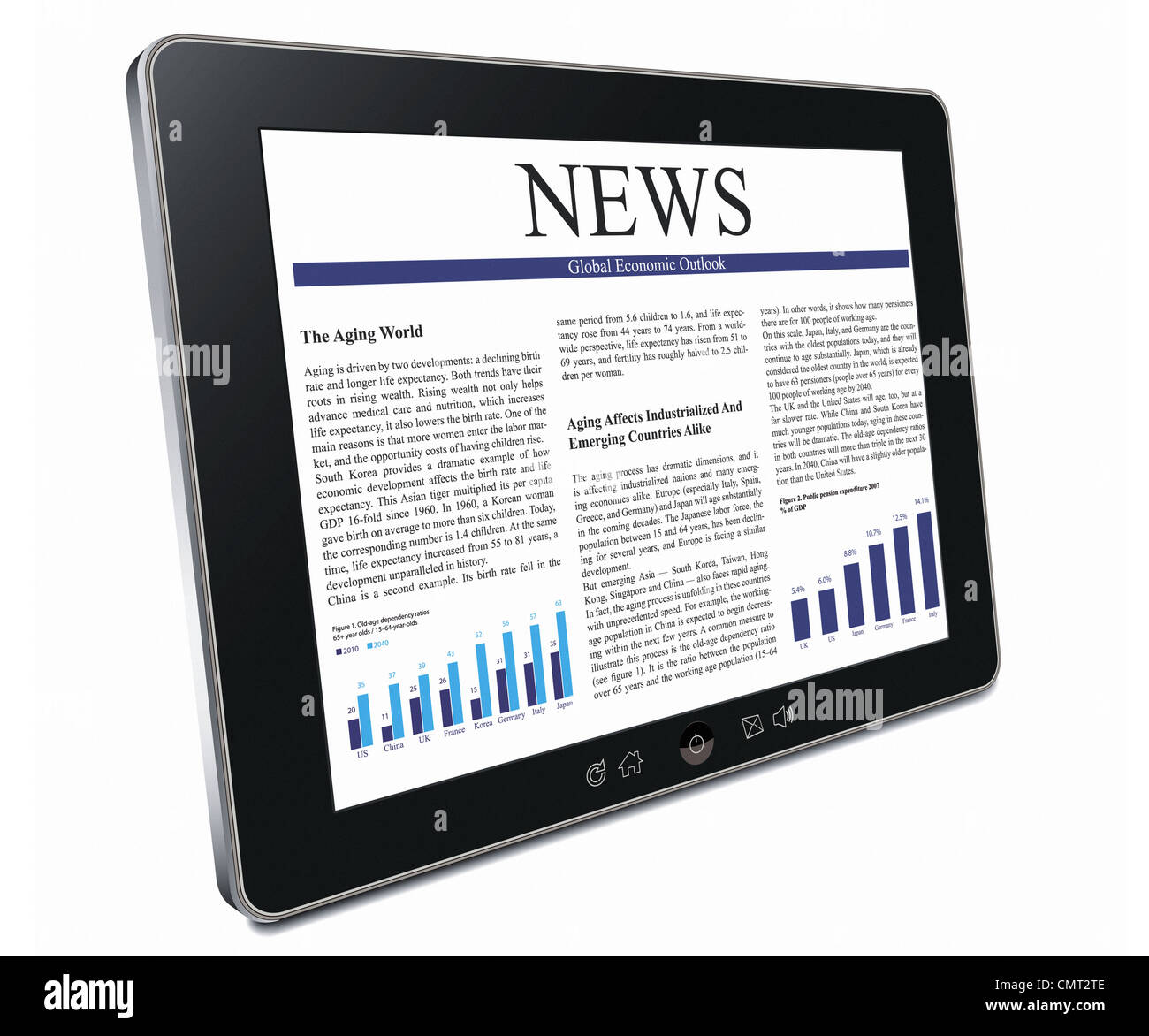 touch screen tablet pc with business article over white background ...