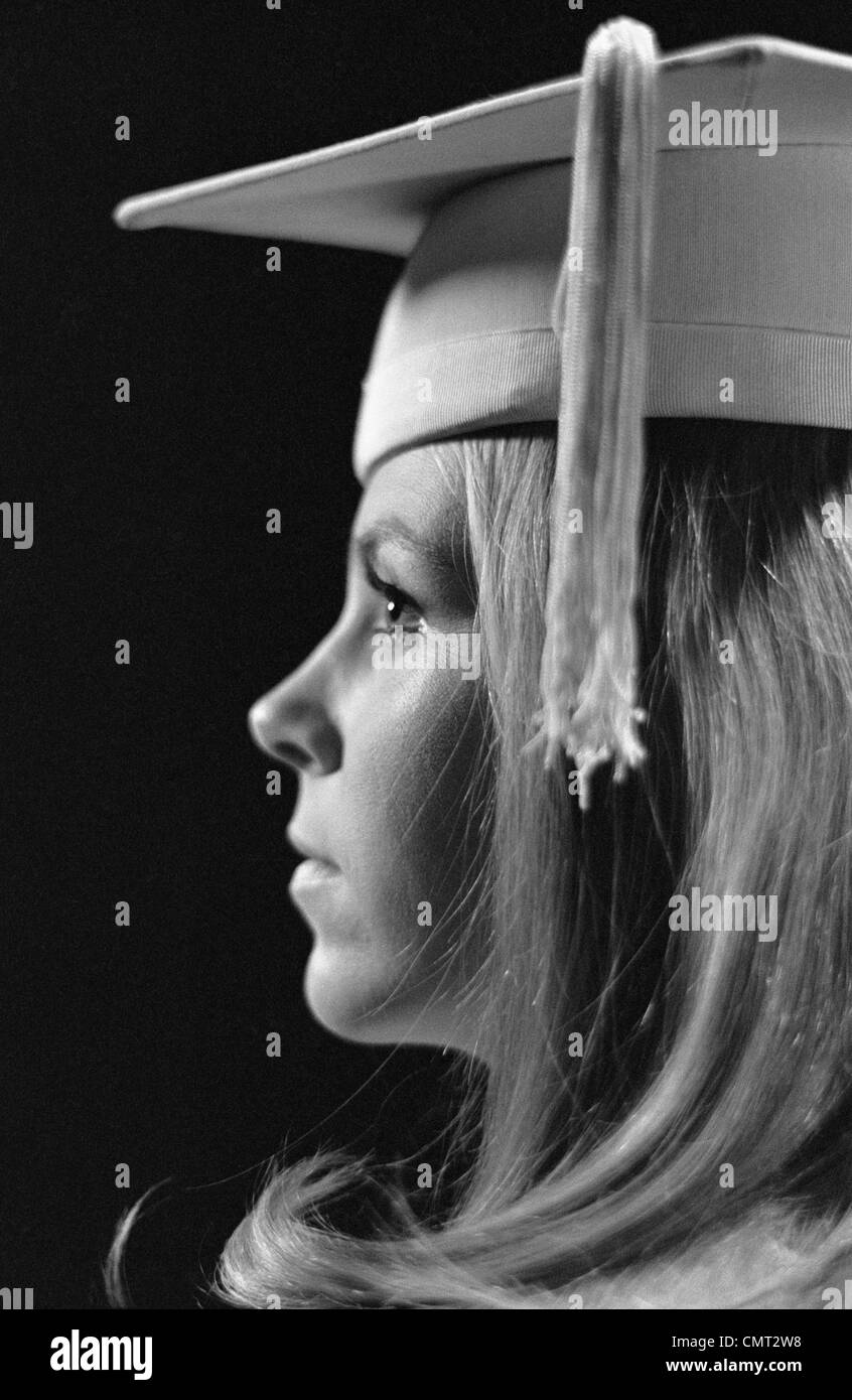 1970s PROFILE BLOND FEMALE GRADUATE WEARING WHITE MORTARBOARD Stock ...