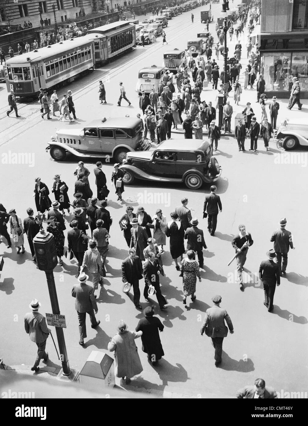1930s NYC STREET PEOPLE PEDESTRIANS CROSSING INTERSECTION CAR TAXI ...