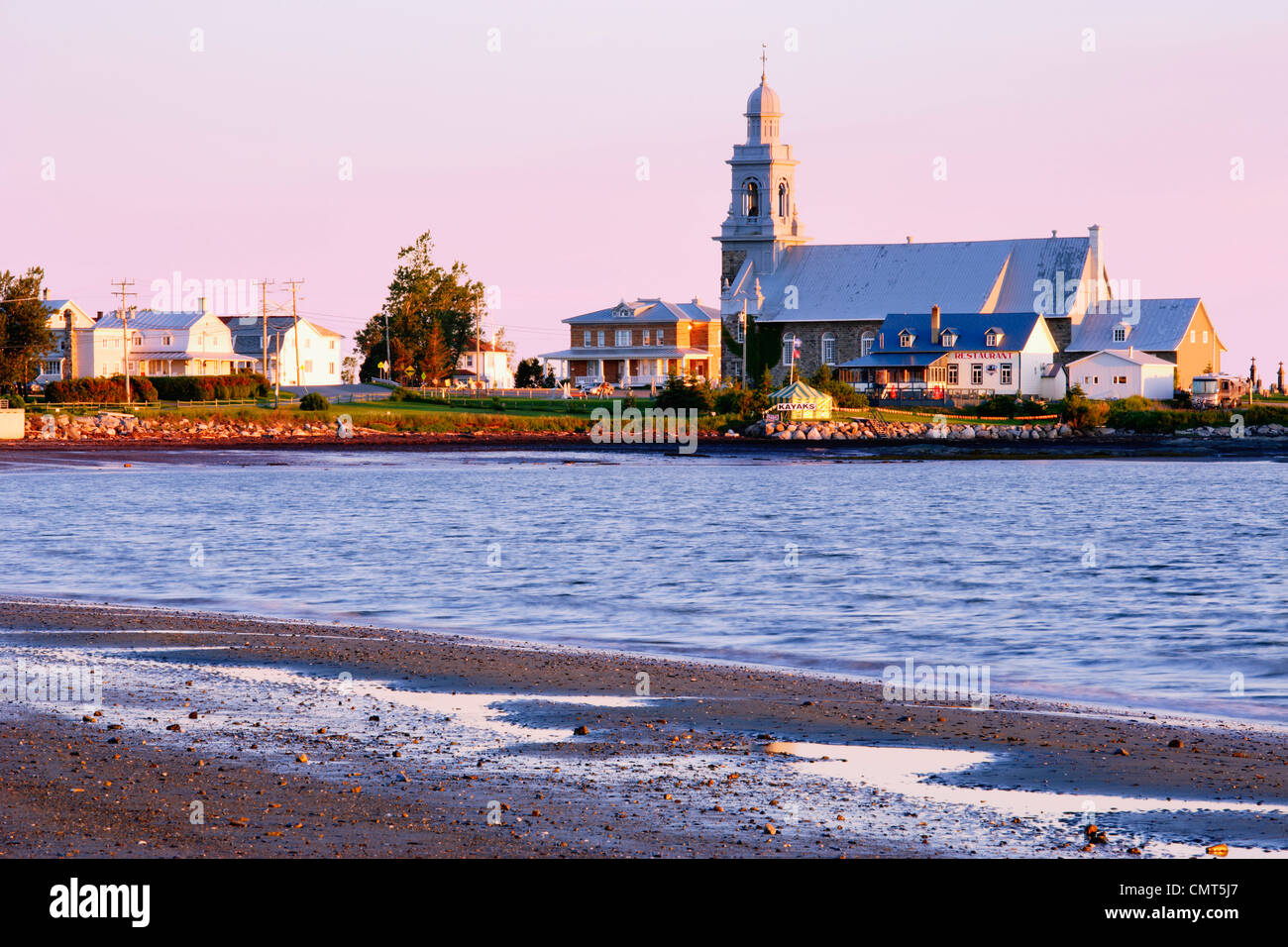 Village, Church and St. Lawrence River at Sunrise, Sainte-Luce, Quebec ...