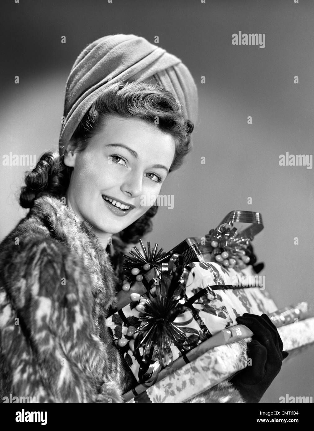 Woman in xmas hat Black and White Stock Photos & Images - Alamy