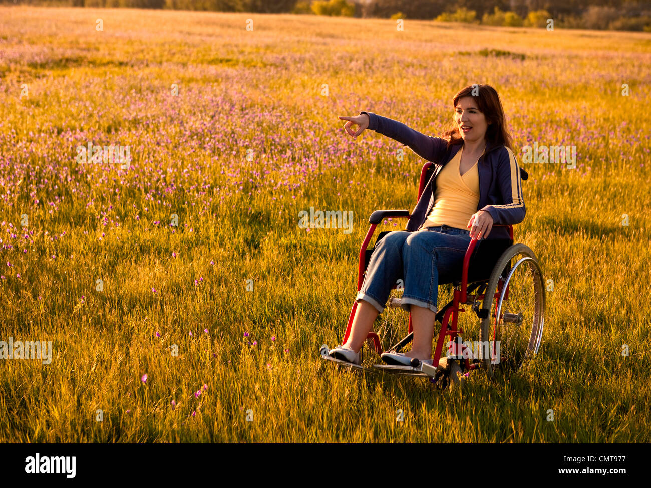 Happy handicapped woman on a wheelchair over a green meadow pointing ...