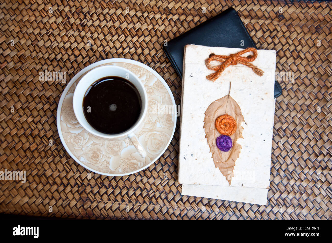 Blank paper and black coffee on sedge background Stock Photo - Alamy
