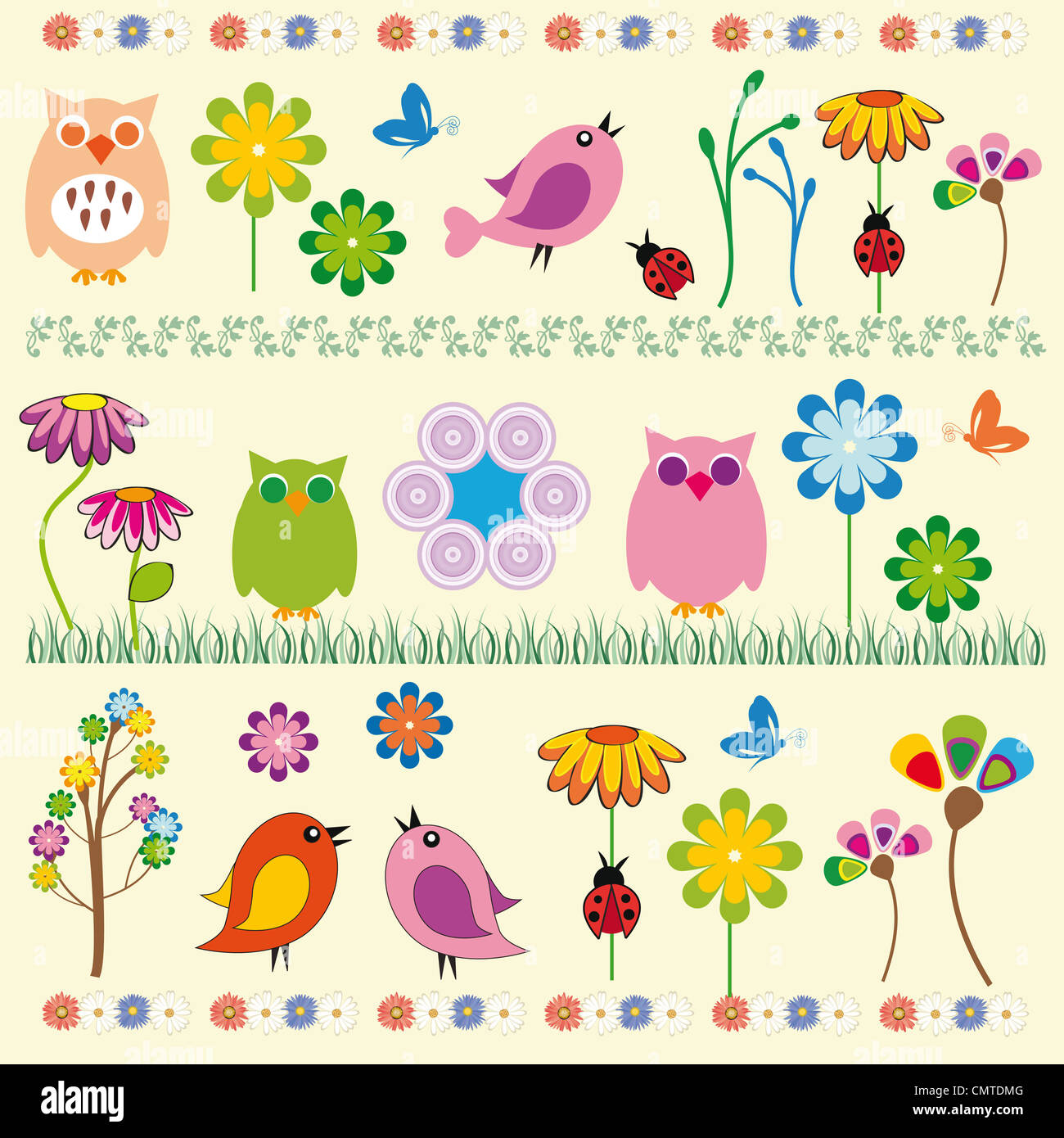 Cute kids background with flowers and birds Stock Photo - Alamy
