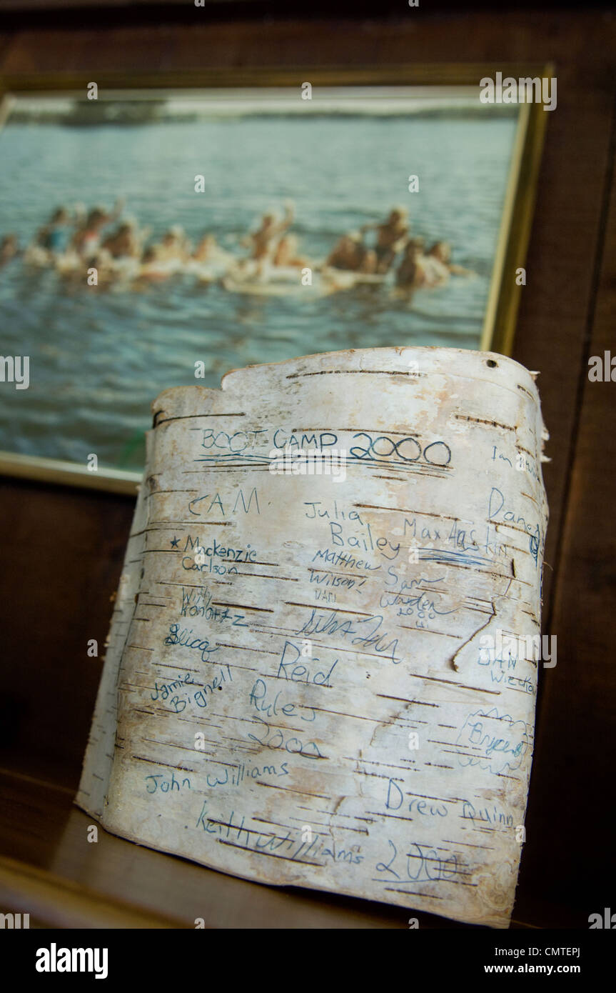 Birch bark with visitors signatures in a cottage, Lake of the Woods ...