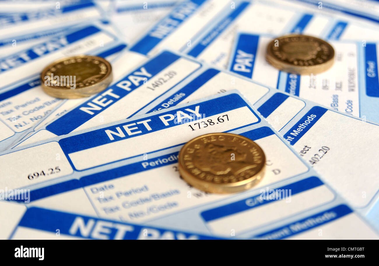 BRITISH PAYSLIPS WITH POUND COINS RE WAGES INCOMES SALARY SALARIES ...