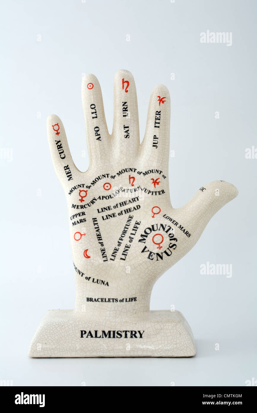 Palmistry hand model on white background Stock Photo - Alamy