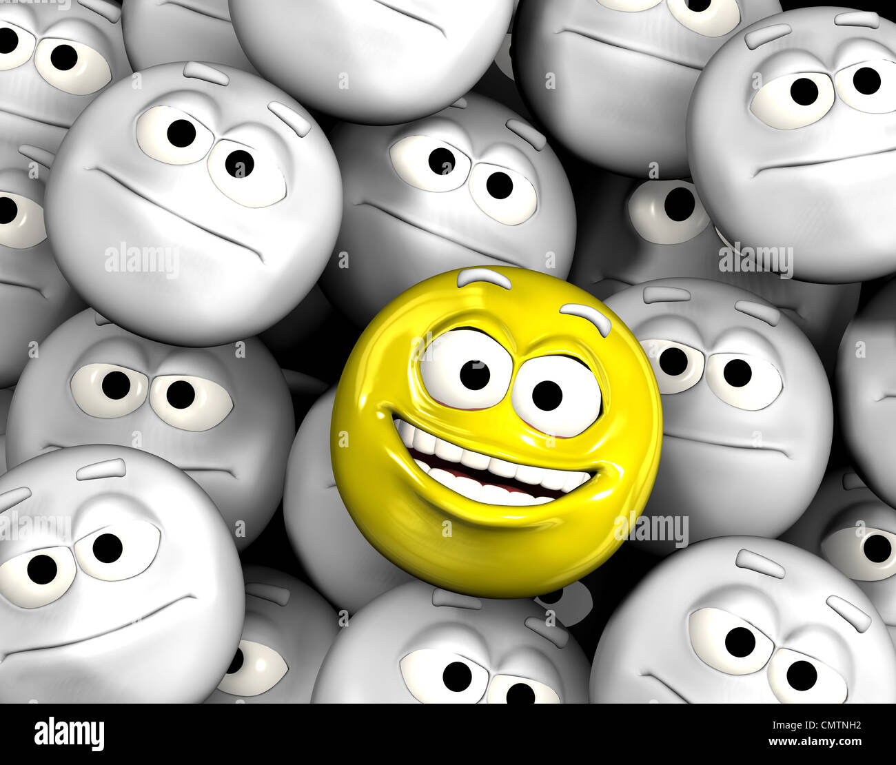 Happy laughing emoticon face among other grey, neutral, indifferent ...