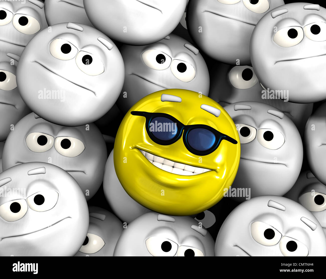 Happy smiling emoticon face among other grey, neutral, indifferent ...