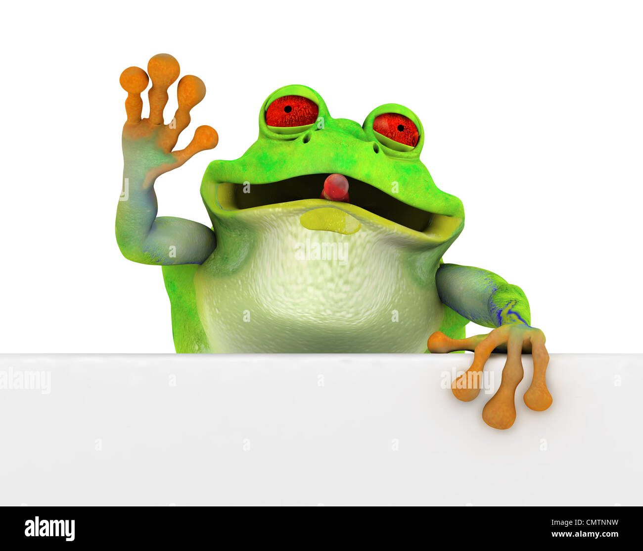 Happy smiling toon frog saying hi and holding a white card, banner ...