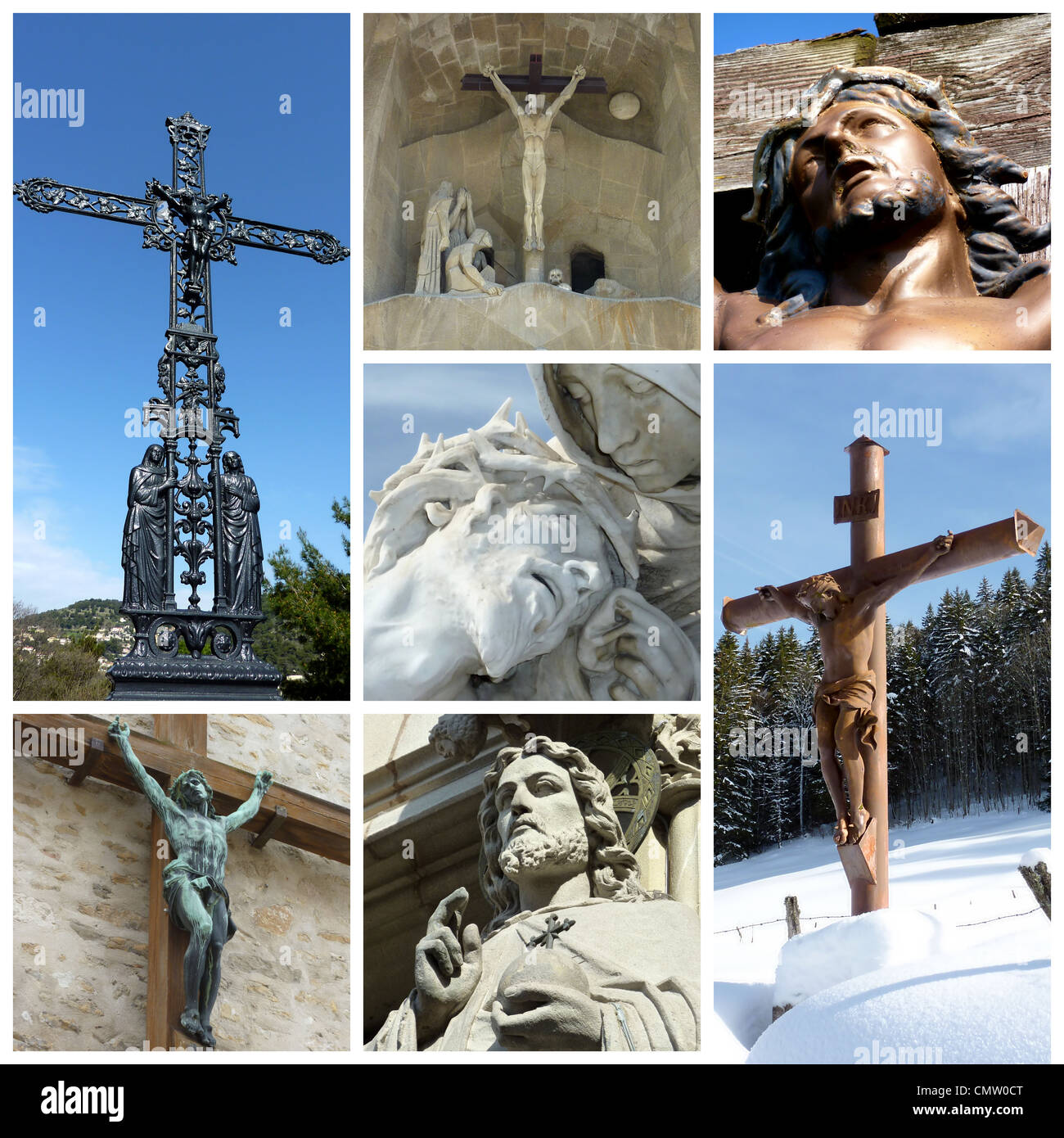 Several crosses and statues of Jesus Christ together for a collage ...
