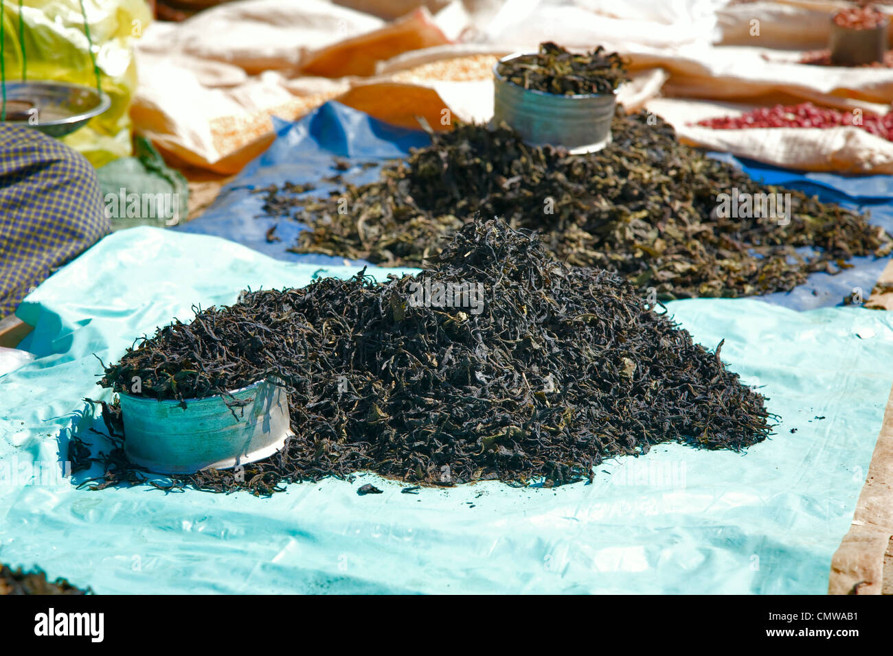 Different kind of tea for sale at market in Myanmar Stock Photo - Alamy