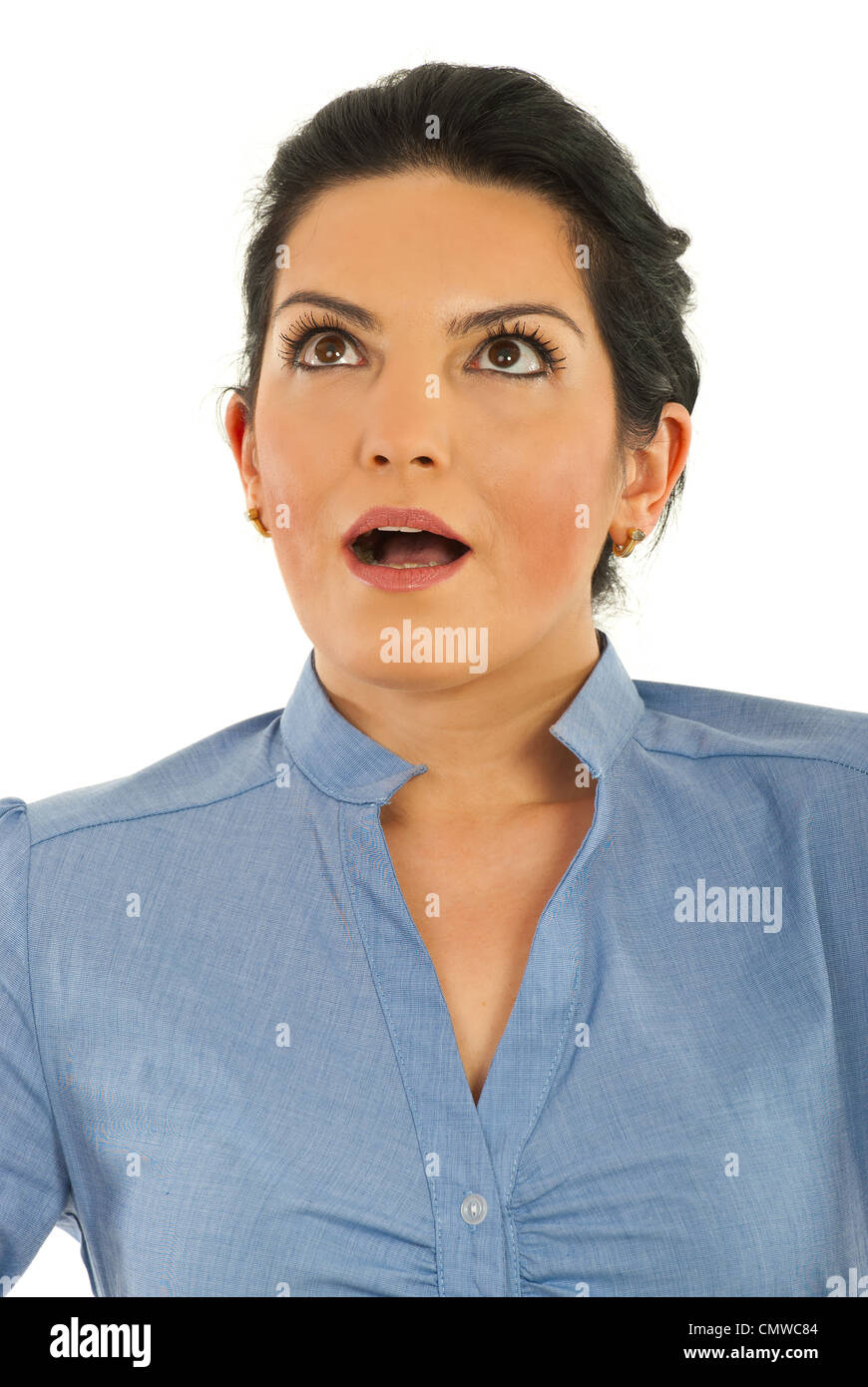 Surprised executive woman looking up isolated on white background Stock ...