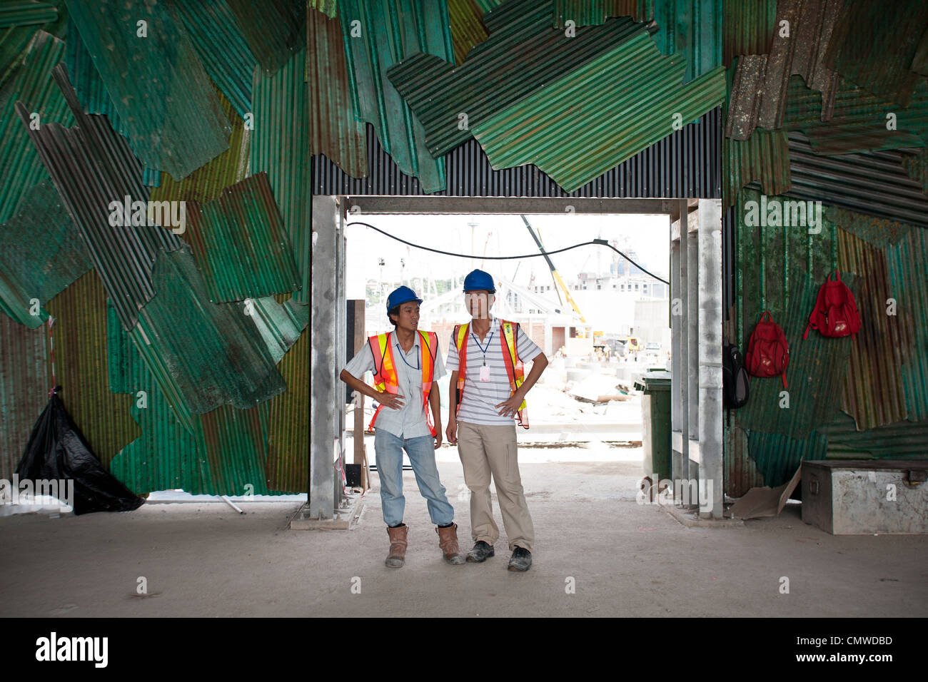 Workers on the construction site of Universal Studios Singapore theme ...