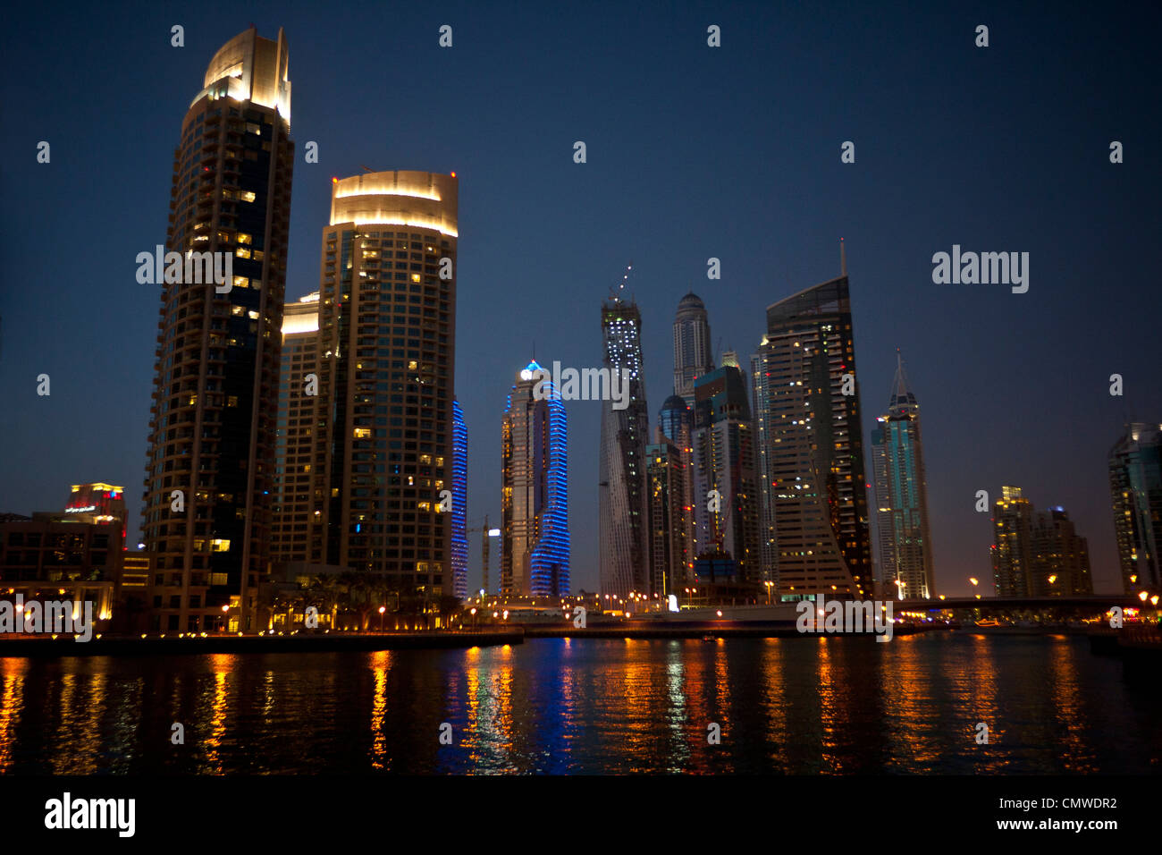 The skyscrapers of the "Dubai Marina" area by night (Dubai - the United ...