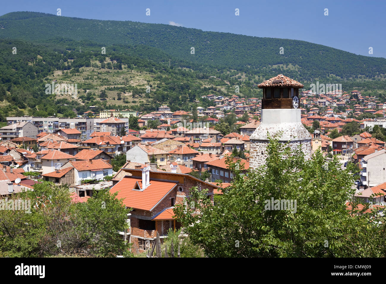 Peshtera town, main view, an old medieval clock tower still working ...