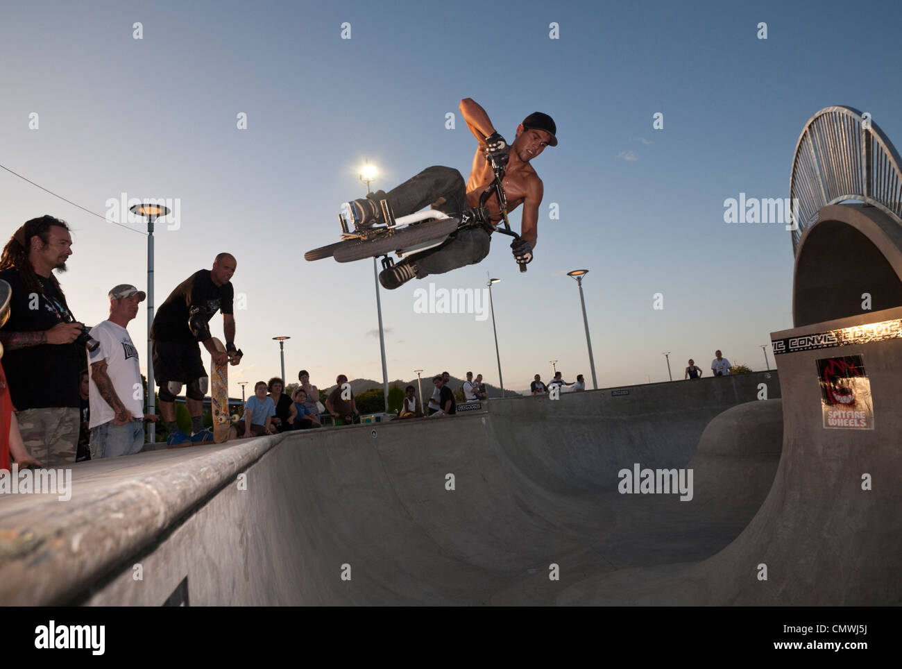 BMX rider performing trick at skate park. Cairns, Queensland, Australia ...