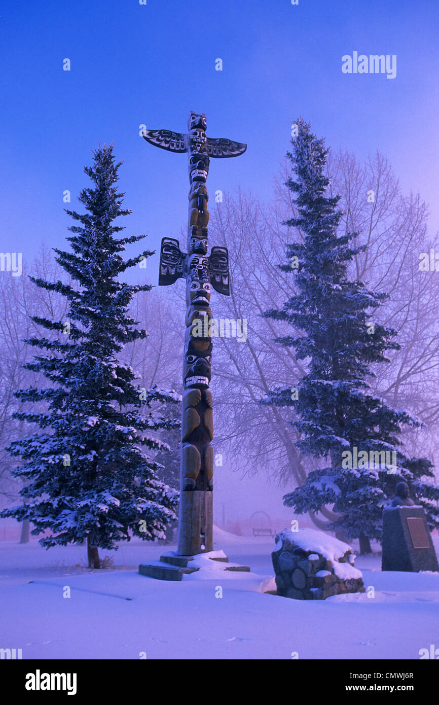 Totem Pole in Winter with Pine Trees, Whitehorse, Yukon Stock Photo - Alamy