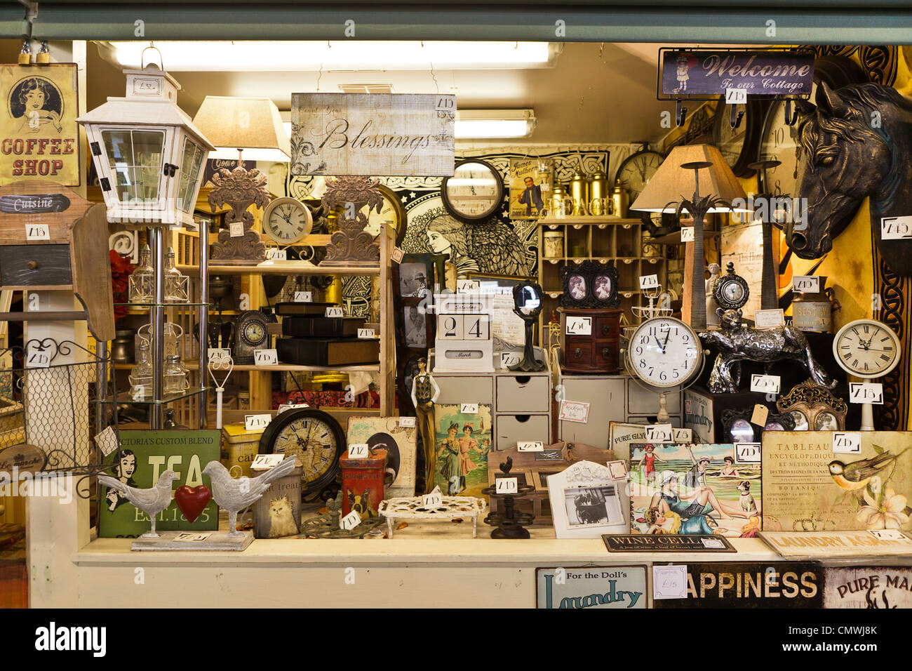 Stall selling bric a brac and clocks, Tavistock Stock Photo - Alamy