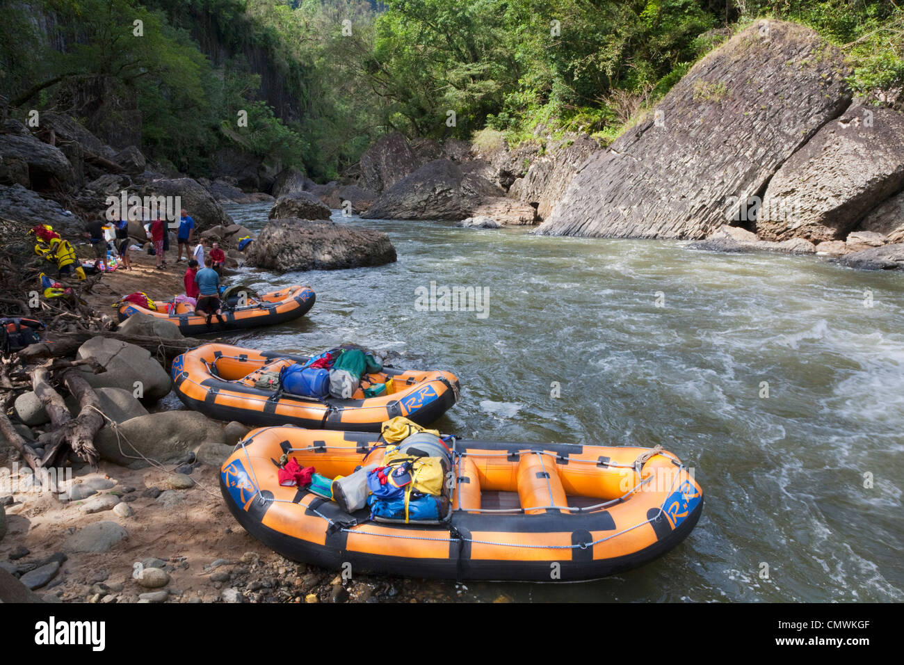 Rafts on riverbank during white-water rafting expedition on North ...