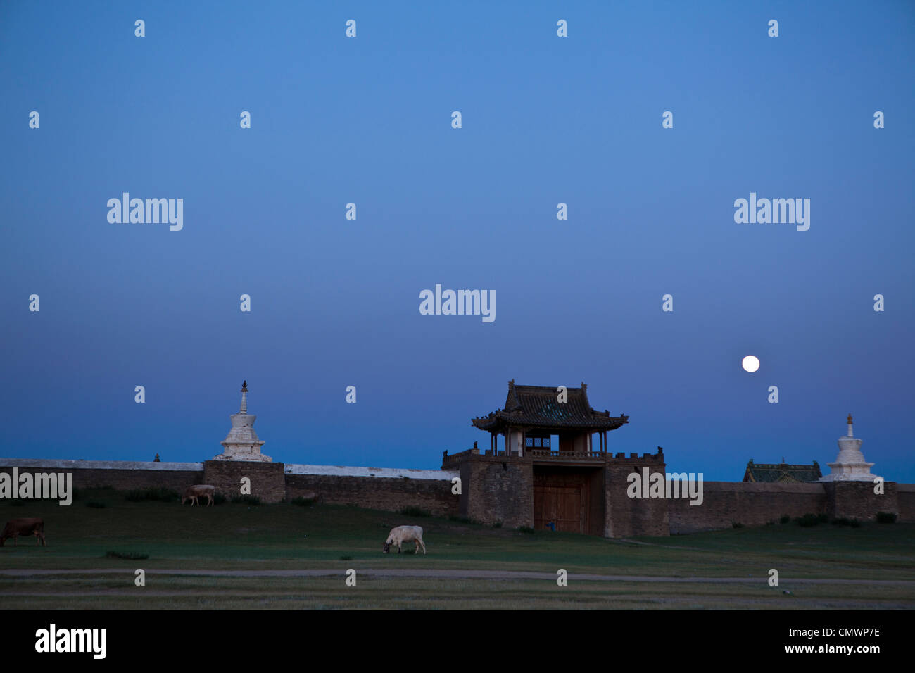 Erdene Zuu monastery with moon rise , Karakorum, Mongolia Stock Photo ...