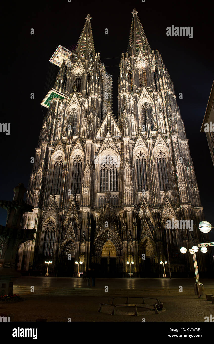 An illuminated Dom of Cologne during the dark in Germany Stock Photo ...