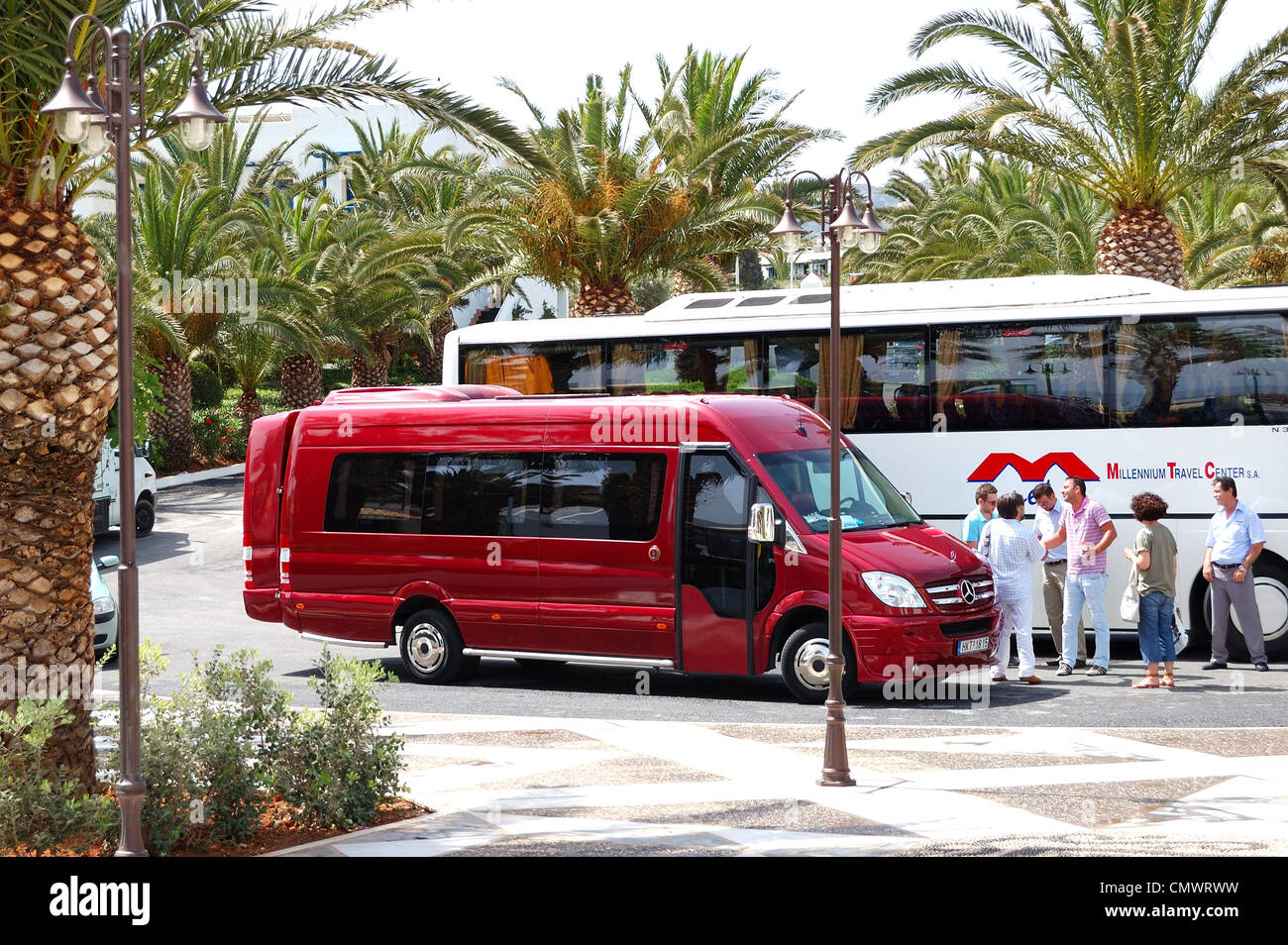The modern bus for tourists transportation and group of tourists, Crete ...