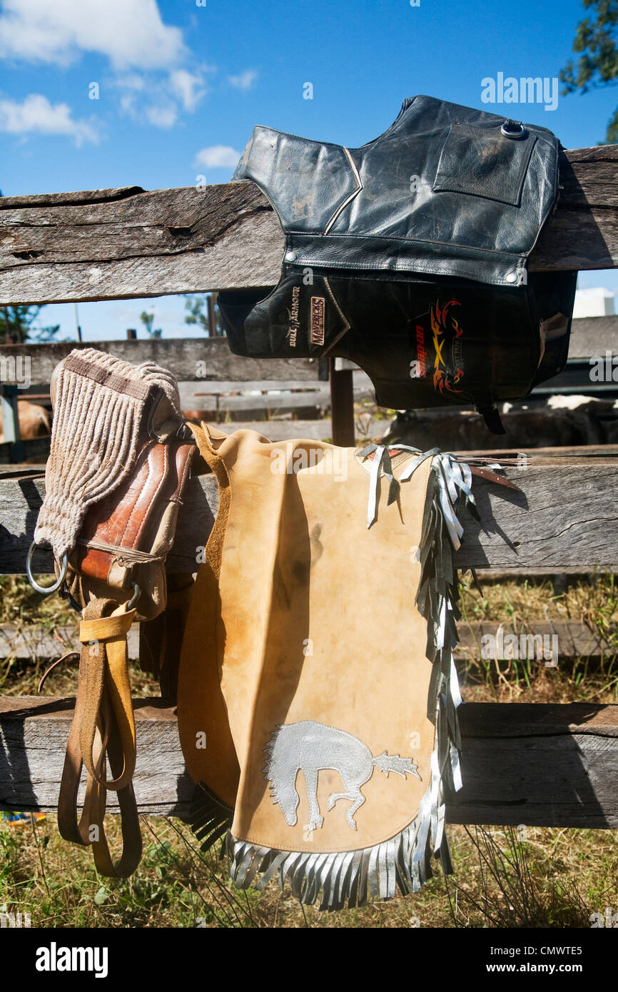 Equipment for a bareback bronc rider - chaps, vest and rigging. Mt ...