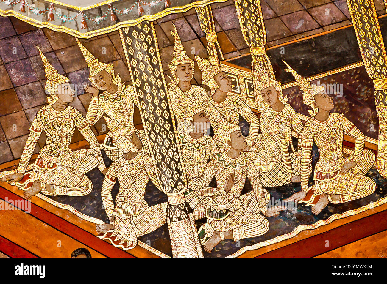 Vintage traditional Thai style art painting on temple for background ...