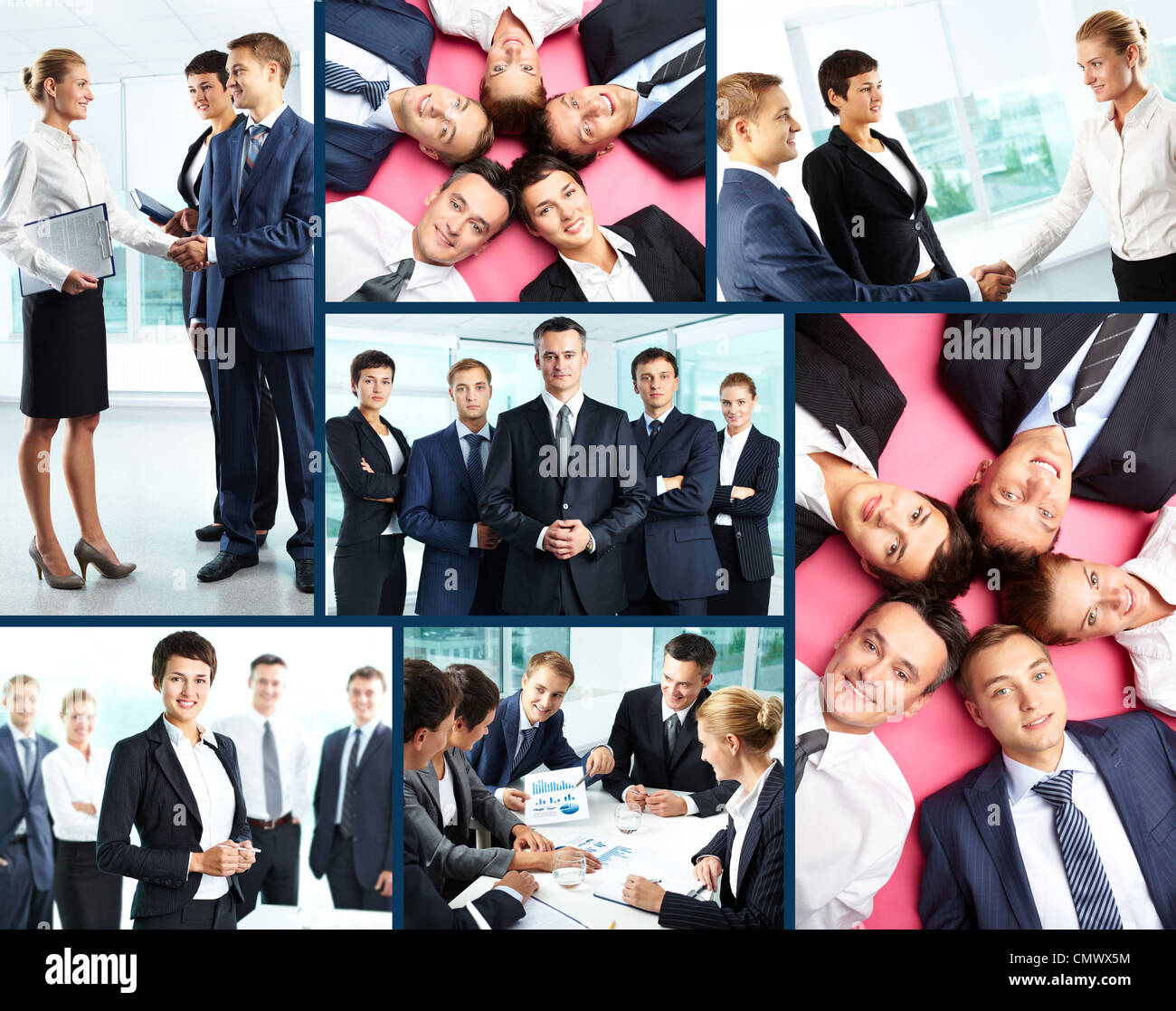 Collage of business people interacting at meeting and posing in front ...