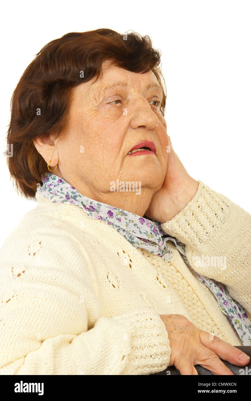 Worried grandma looking away isolated on white background Stock Photo ...
