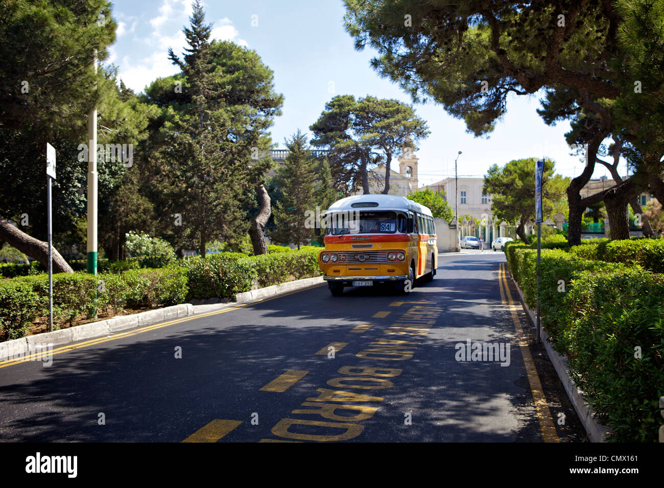 Yellow bus driving down leafy road, Rabat, Malta Stock Photo - Alamy