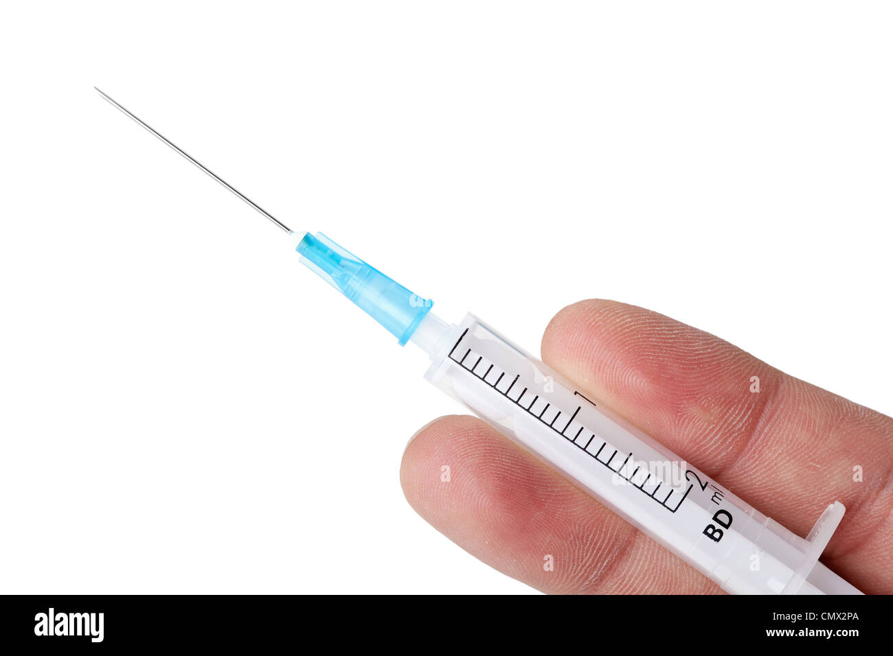 Syringe in hand, closeup on white background Stock Photo - Alamy