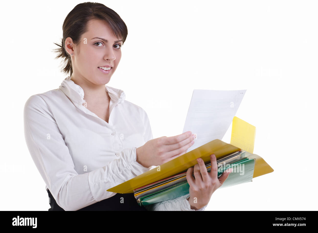 business woman happily holding a pile of files in hands, Eye contact ...