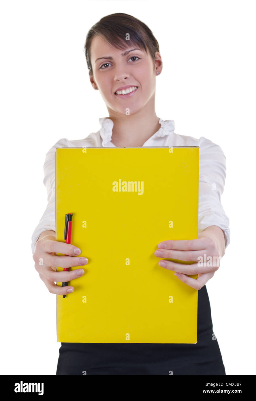 girl office staff showing a blank yellow folder, high key, focus on ...