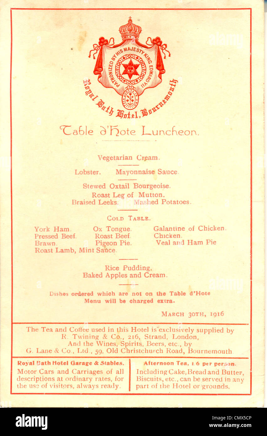 World War One menu from the Royal Bath Hotel Stock Photo - Alamy