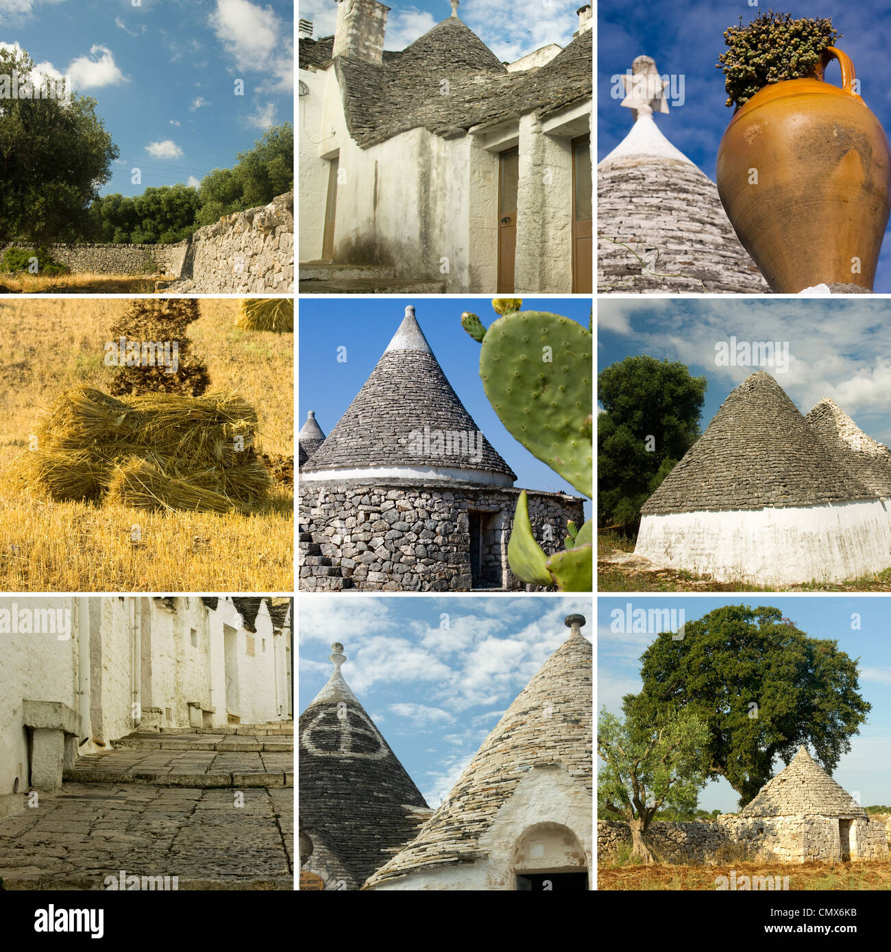 A collage of different photos representing the Trulli houses in Apulia ...