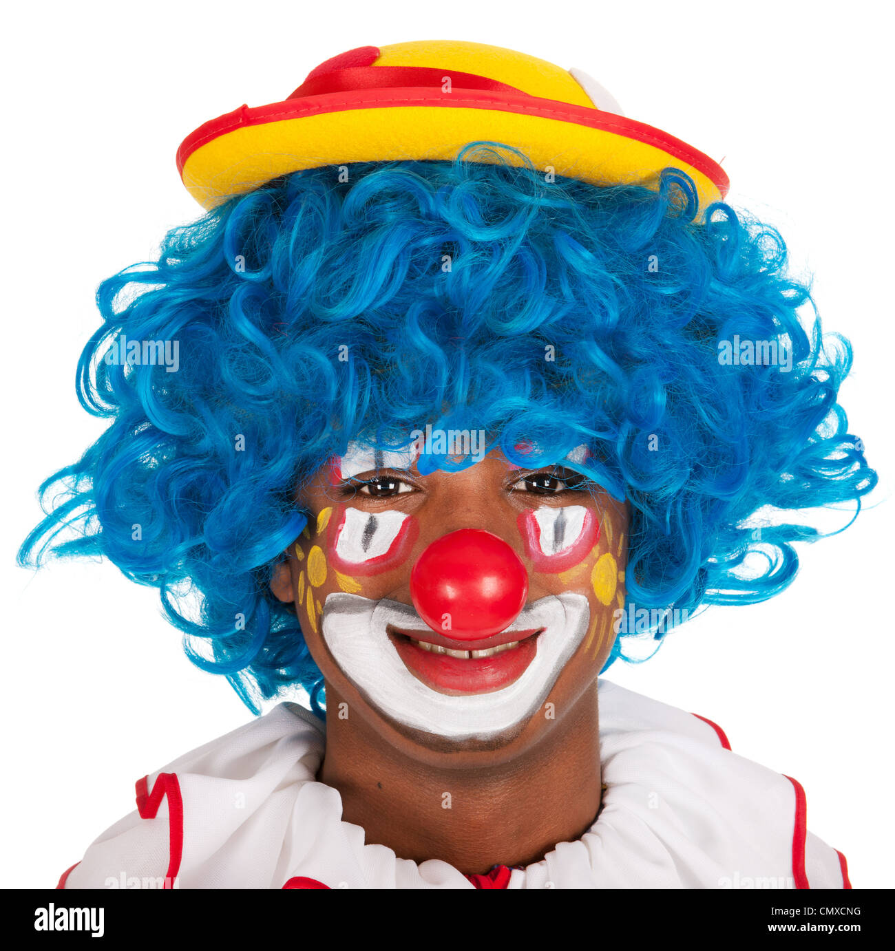 Portrait of a funny black clown with blue wig Stock Photo - Alamy