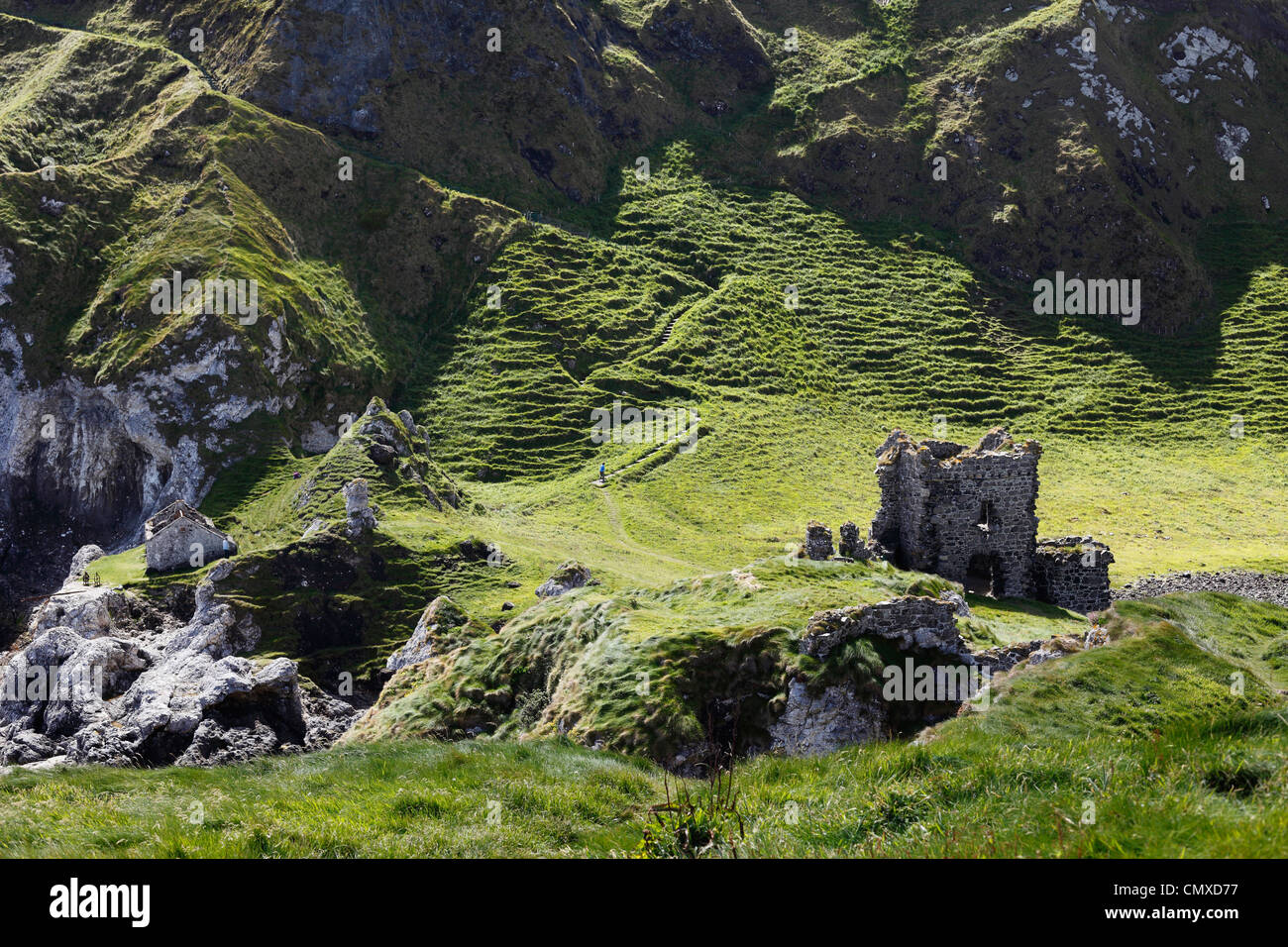 United Kingdom, Northern Ireland, County Antrim, View of Kinbane Castle ...